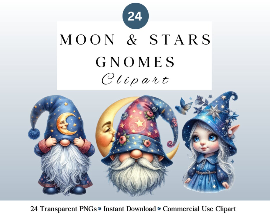 Moon and Stars Gnome Clipart PNG | Moonlight Gnomes | Watercolour ...