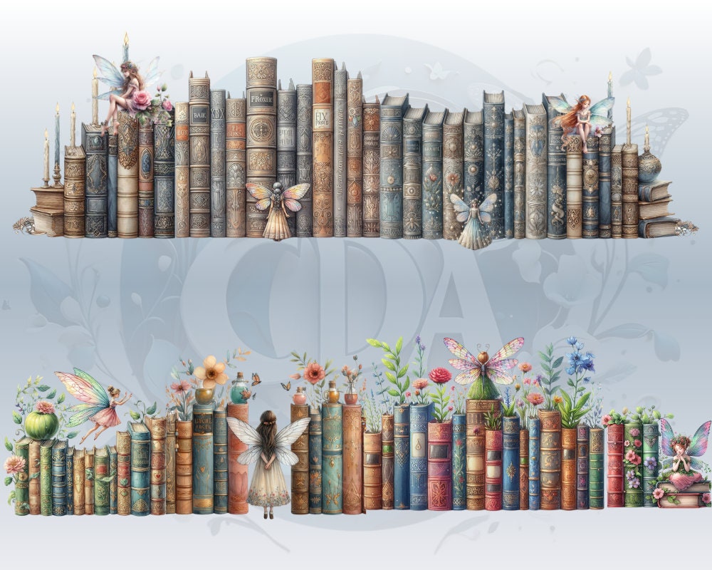 Fairy Book Border Clipart PNG | Bookshelf Watercolor Clipart | Book ...