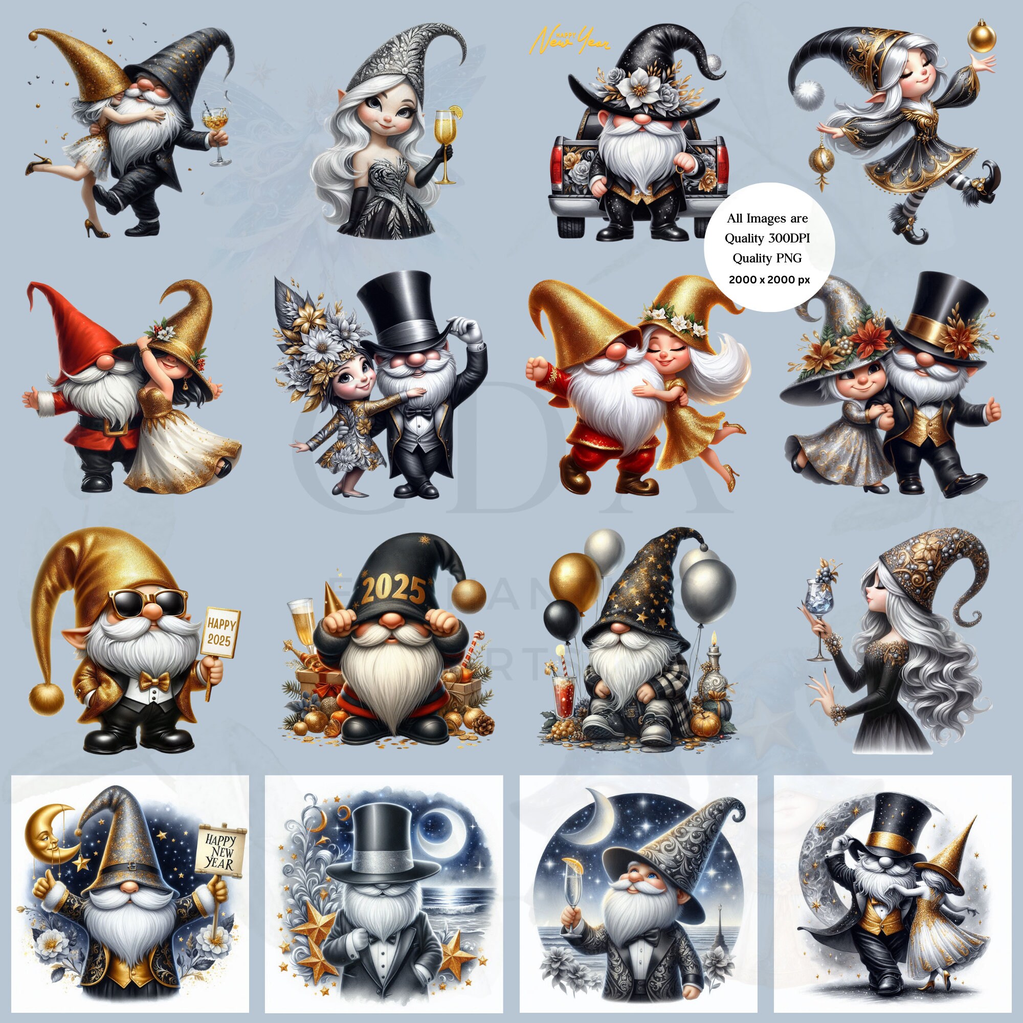 Cute New Years Eve Gnome Clipart PNG Bundle | Watercolourparty Gnomes ...