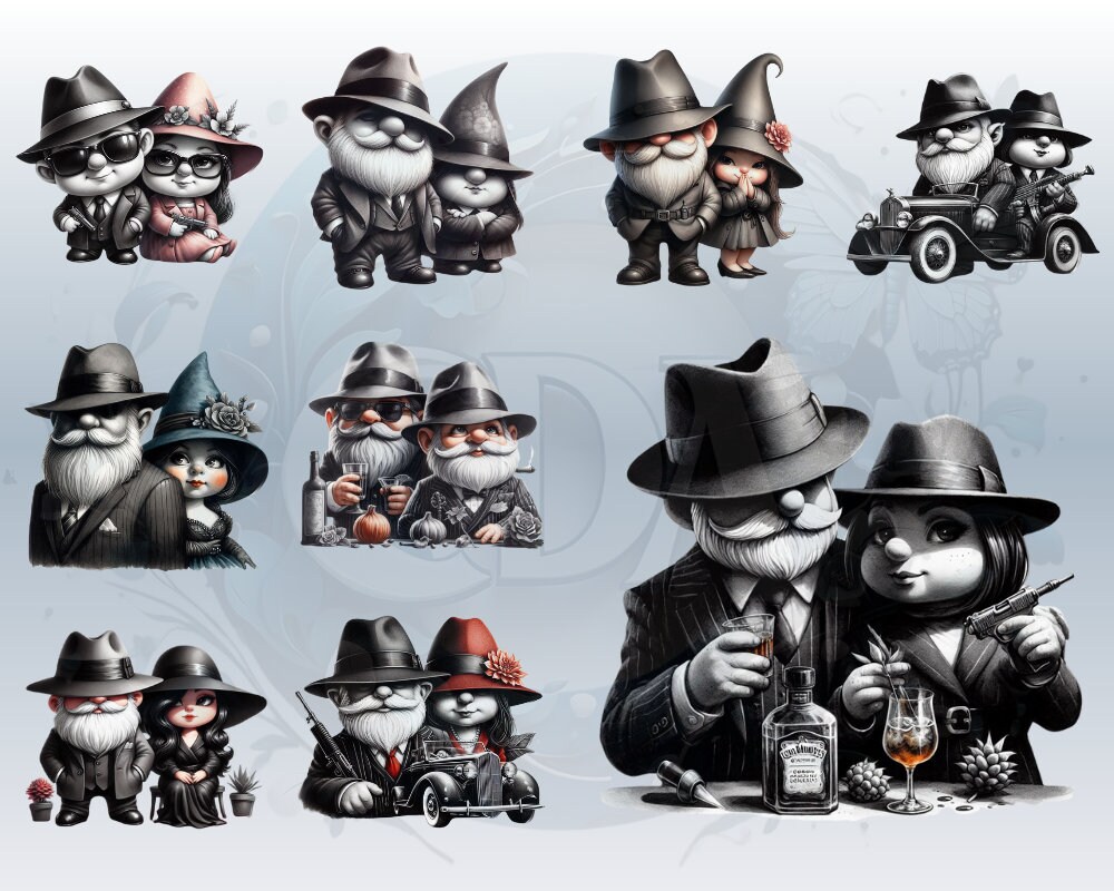 Watercolour Noir Gnome Clipart PNG Bundle 2 | Gangster Gnomes ...