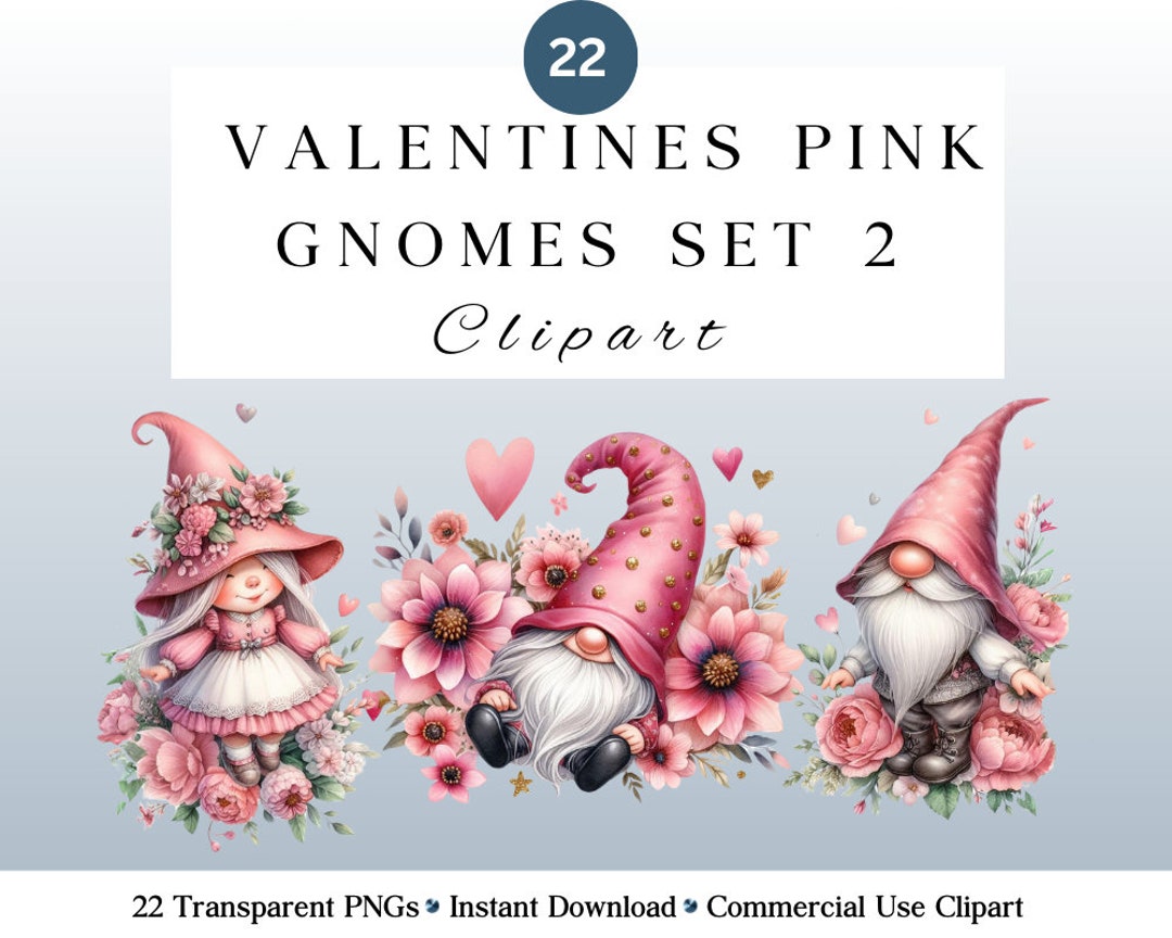 22 Pink Valentine Gnomes Clipart PNG Set 2 | Romantic Gnomes ...