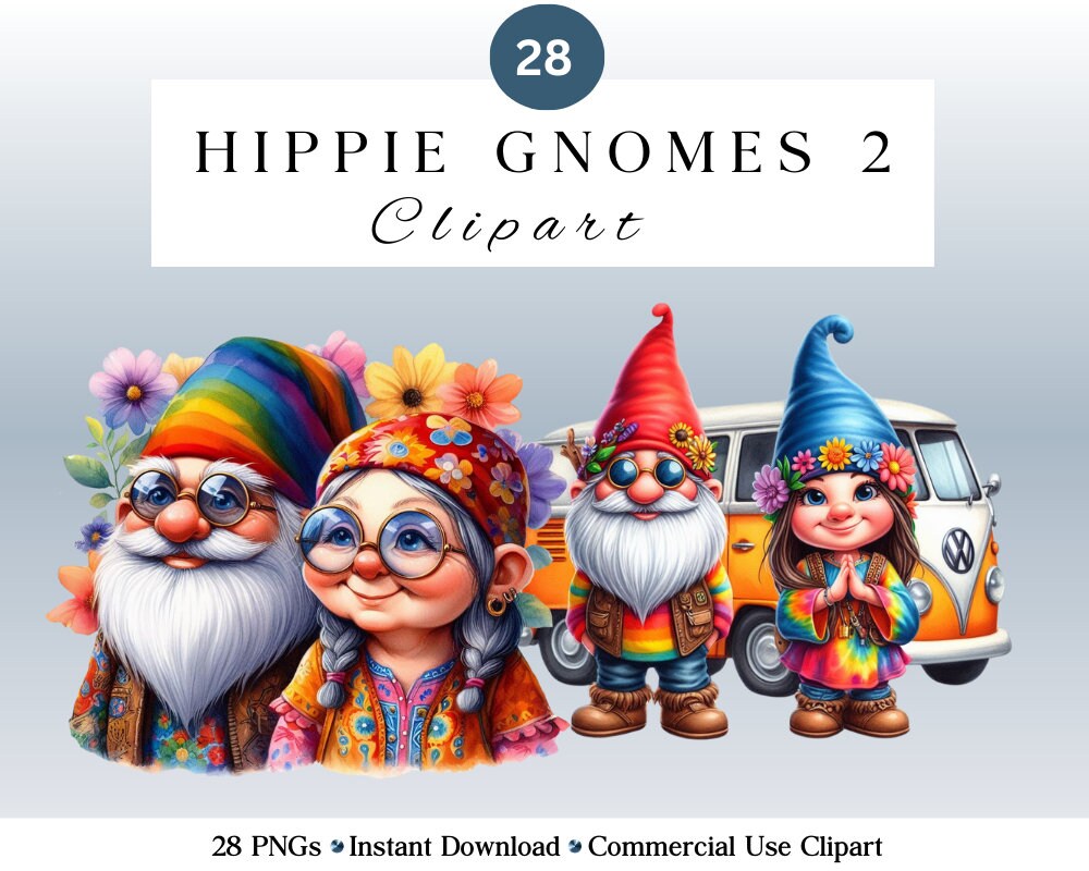 Hippie Gnome Clipart PNG Set 2 Watercolour 60s 70s Psychedelic Gnomes ...