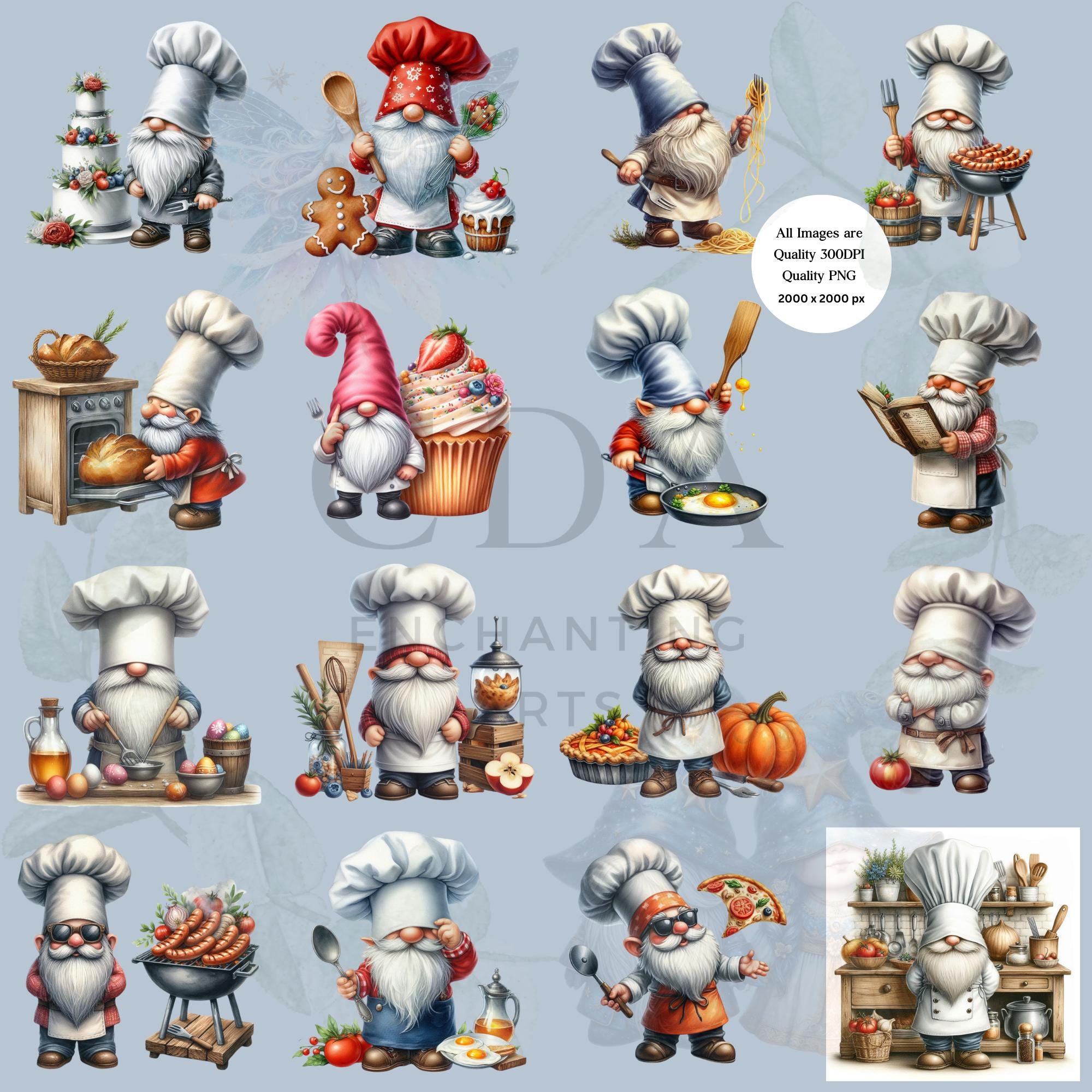 Cute Chef Gnome Clipart PNG Bundle | Watercolour Cooking Food Gnomes ...