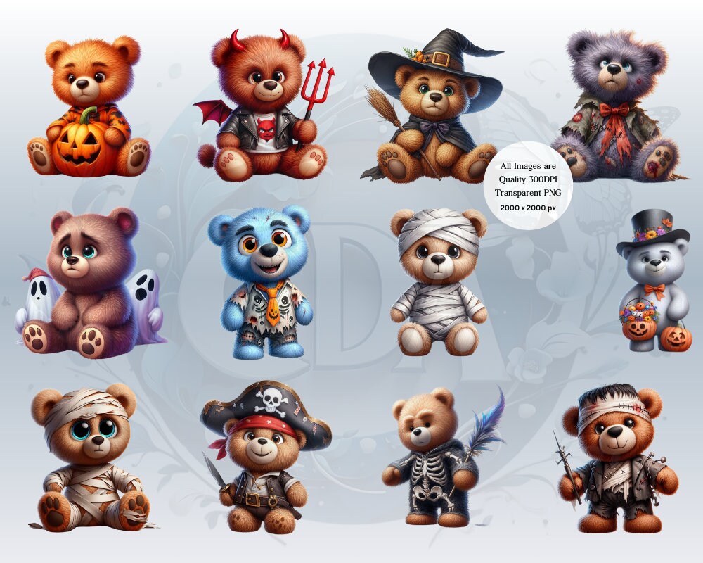 Cute Halloween Teddy Bear Clipart PNG Set 2 Watercolour Teddy Bears ...