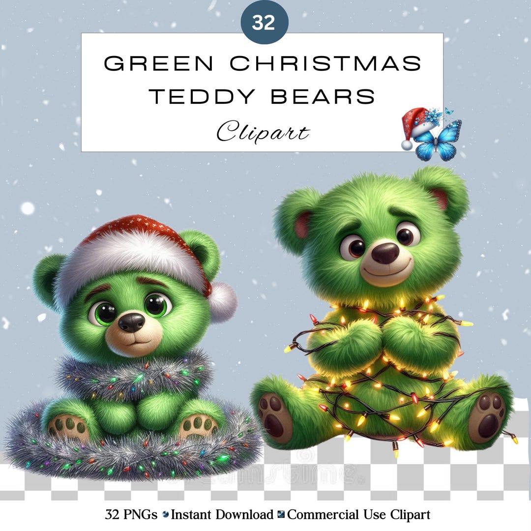 Christmas Green Teddy Bears Clipart PNG Set | Holiday Sublimation POD ...