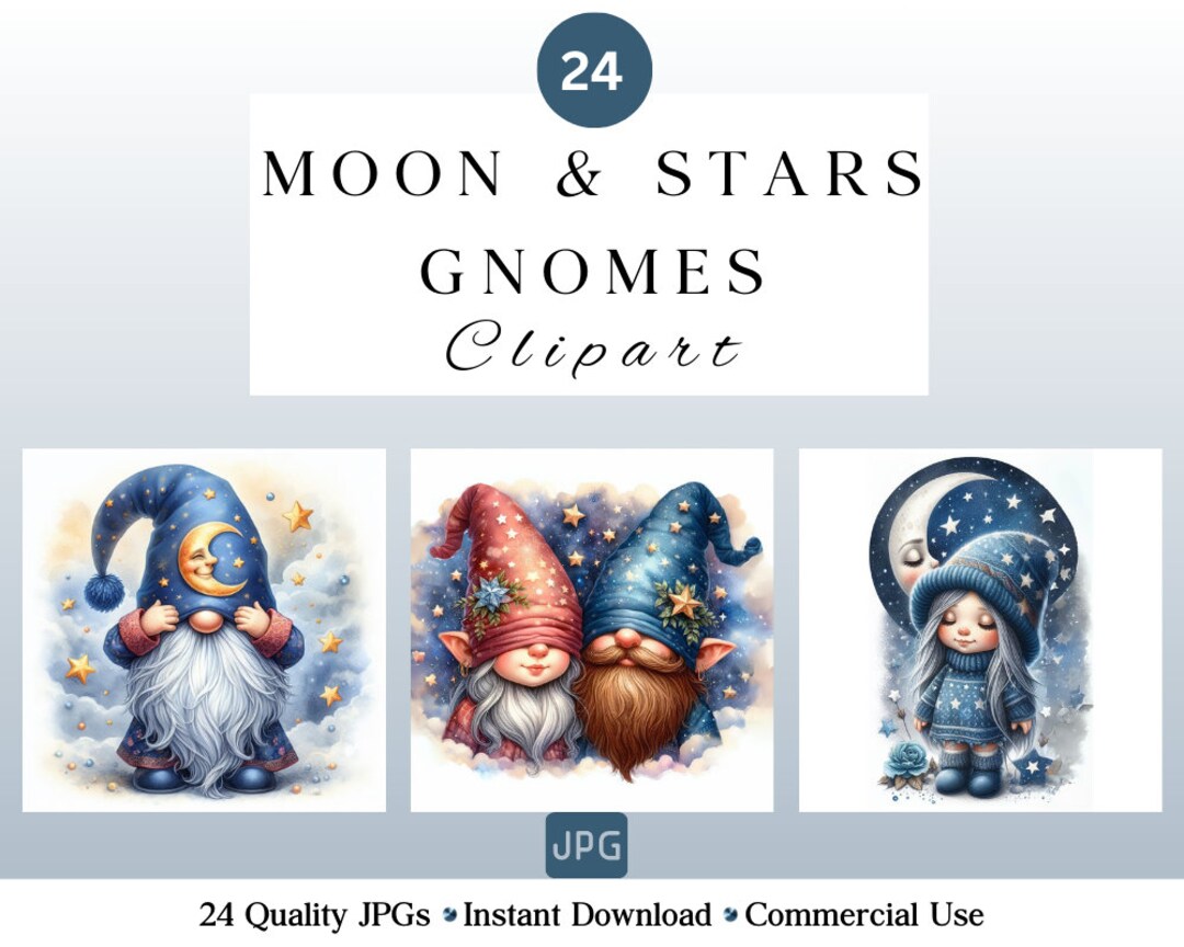 Moon and Stars Gnome Clipart JPG | Moonlight Gnomes | Watercolour ...