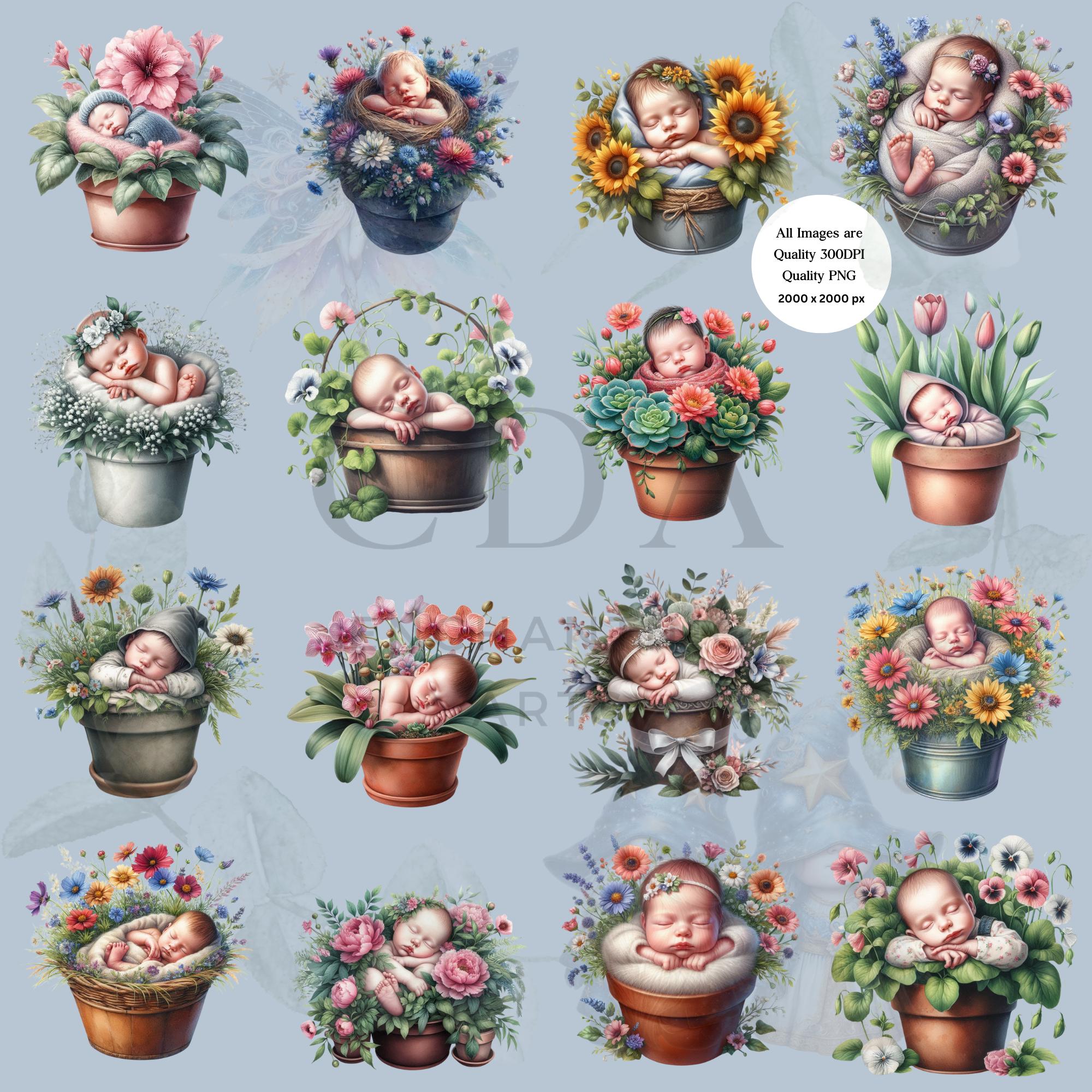 Flower Pot Baby PNG Clipart Bundle | Watercolour Sublimation | Junk ...