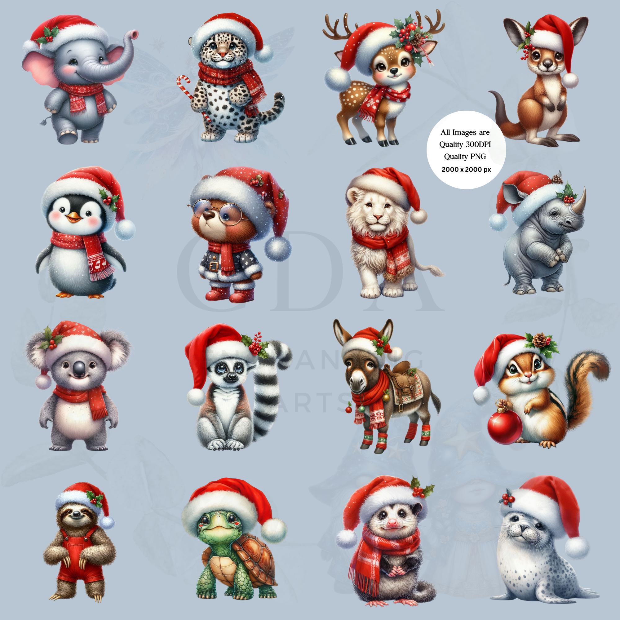 Cute Christmas Animals in Santa Hats PNG Clipart | Festive Nursery Art ...