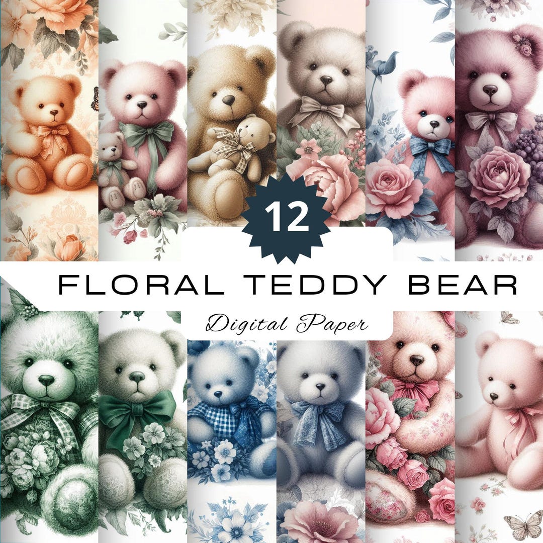 Cute Floral Teddy Bear Digital Paper | Watercolor Teddys | Baby Shower ...