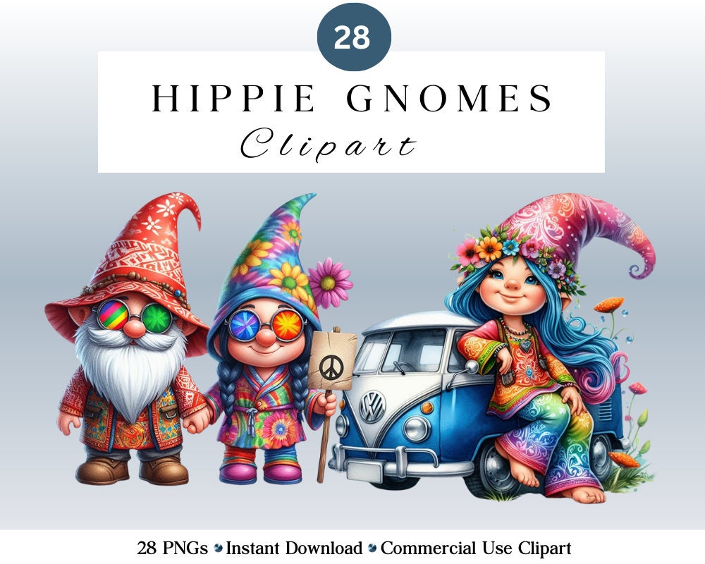 Hippie Gnome Clipart PNG Set | Watercolour 60s 70s Psychedelic Gnomes ...