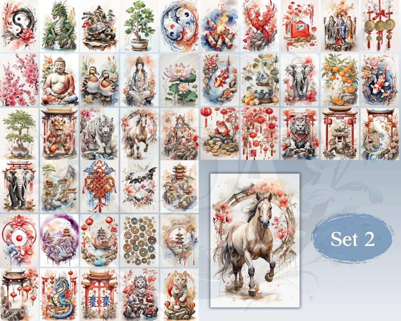 Chinese Lucky Feng Shui Symbols Clipart JPG | Watercolour Luck Remedy ...