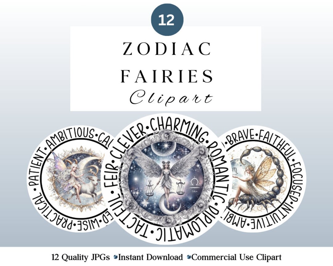 12 Zodiac Fairies Clipart JPG Astrology Junk Journal Scrapbooking ...