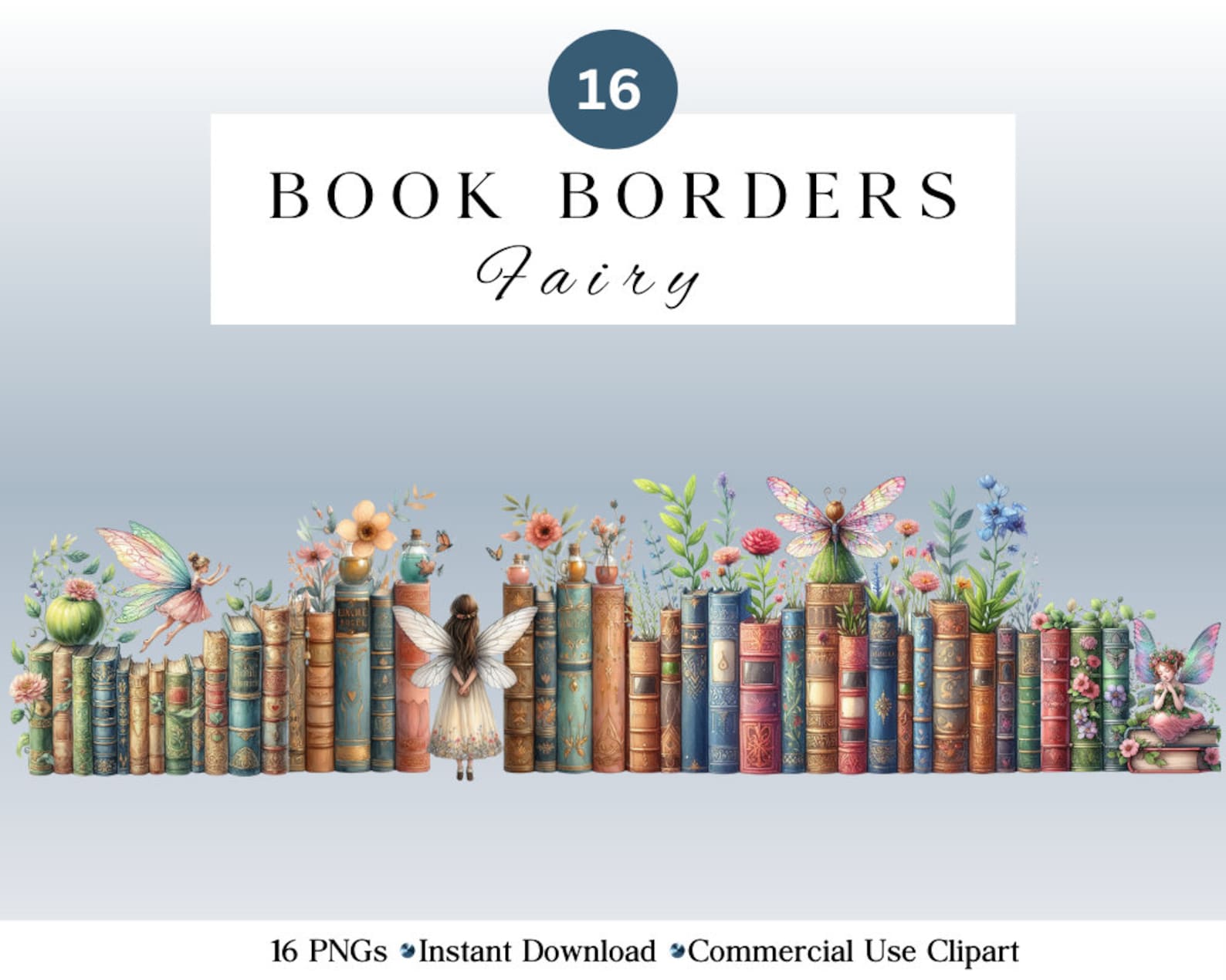 Fairy Book Border Clipart PNG | Bookshelf Watercolor Clipart | Book ...