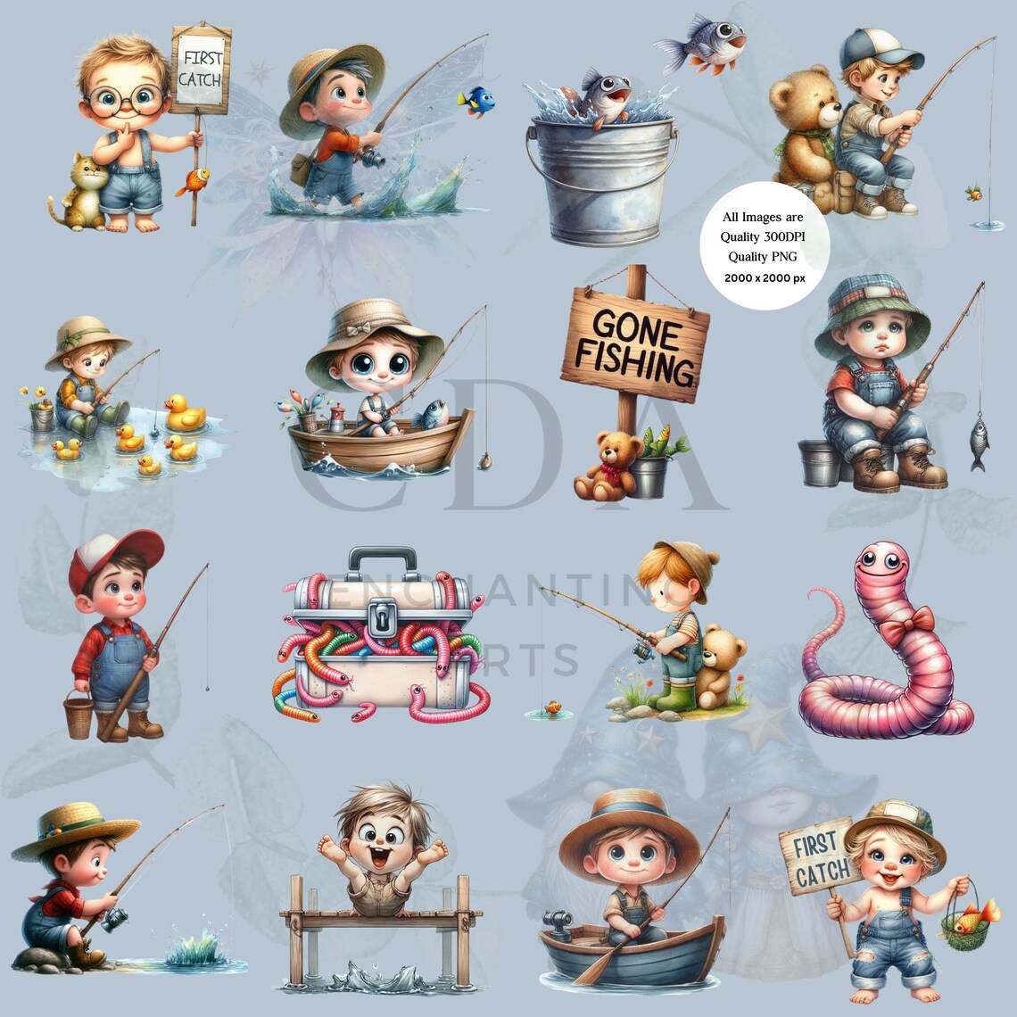 Little Fisherman Clipart Bundle: Watercolor Fishing Kids (PNG Digital ...