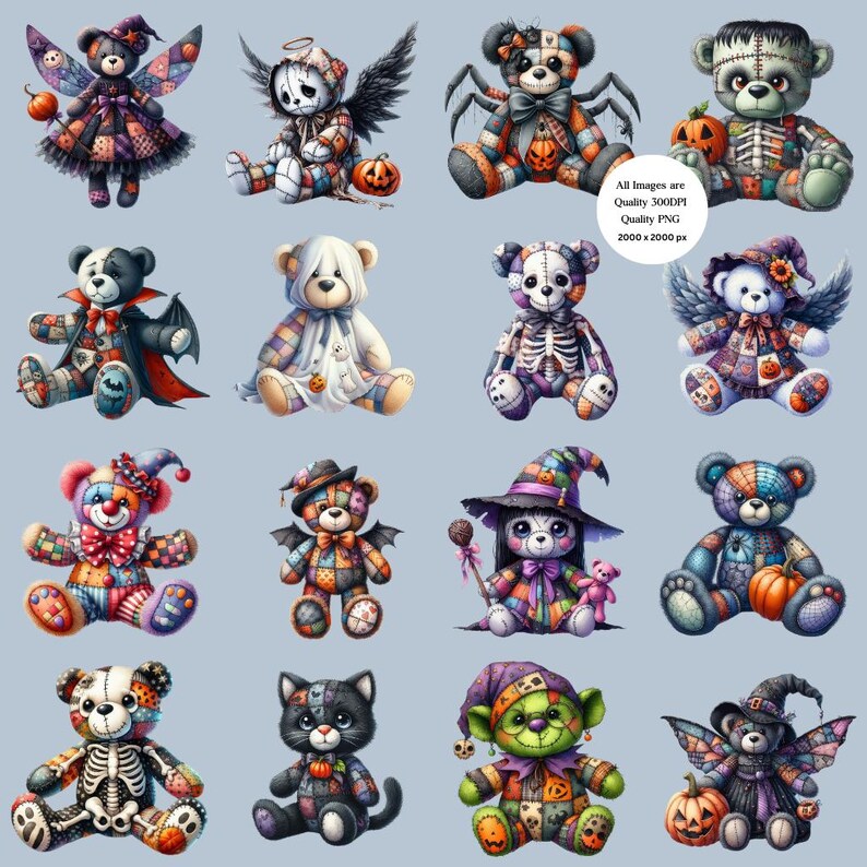 Halloween Patchwork Teddy Bear Clipart PNG Bundle | Watercolour Plush ...