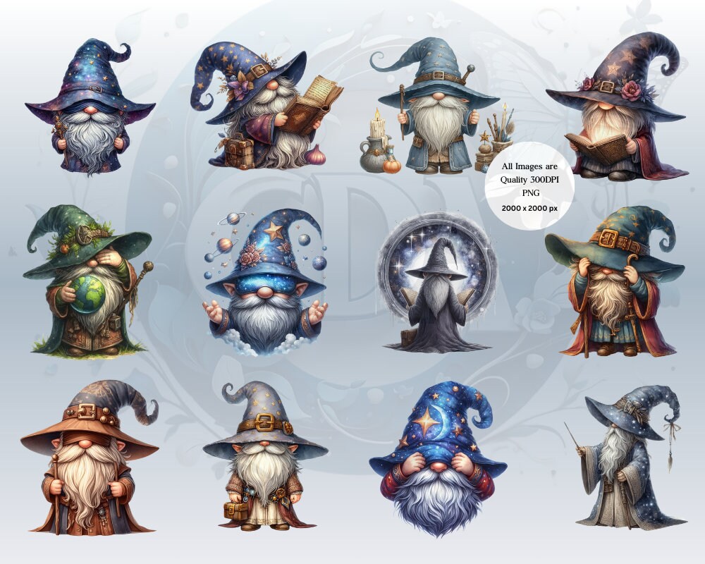 Adorable Wizard Gnome Clipart Set 2 | Whimsical Gnome | Watercolor PNG ...