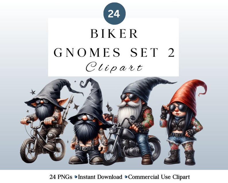 24 Cute Biker Gnomes Clipart PNG Set 2 Watercolour Gnomes DIY and Creators Commercial Use - Etsy