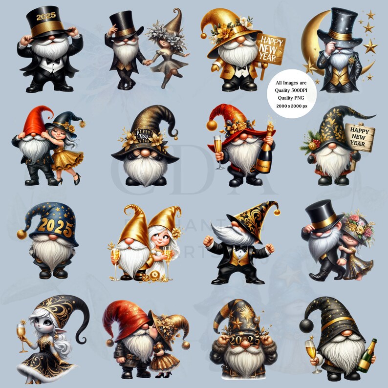 Cute New Years Eve Gnome Clipart PNG Bundle | Watercolourparty Gnomes ...