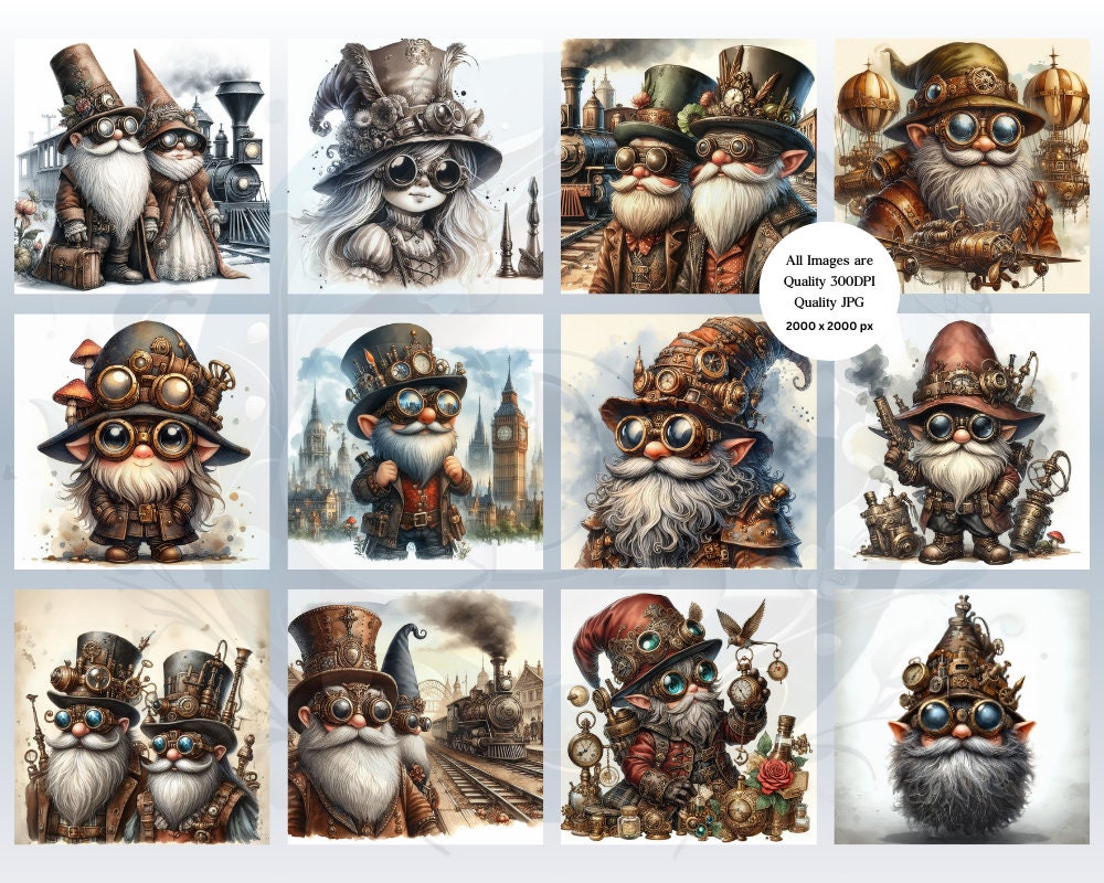 25 Steam Punk Gnome Clipart JPG | Industrial Gnomes | Watercolour ...