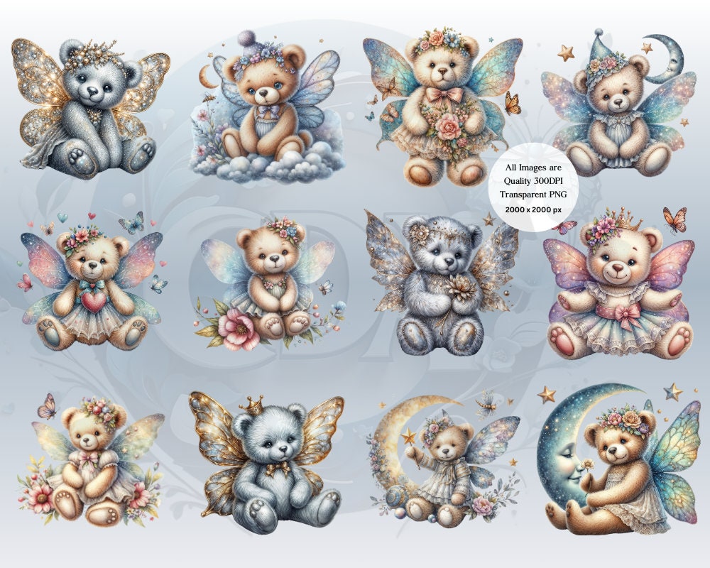 32 Cute Fairy Teddy Bear Clipart PNG Watercolour Fairies Iteddy Bears ...