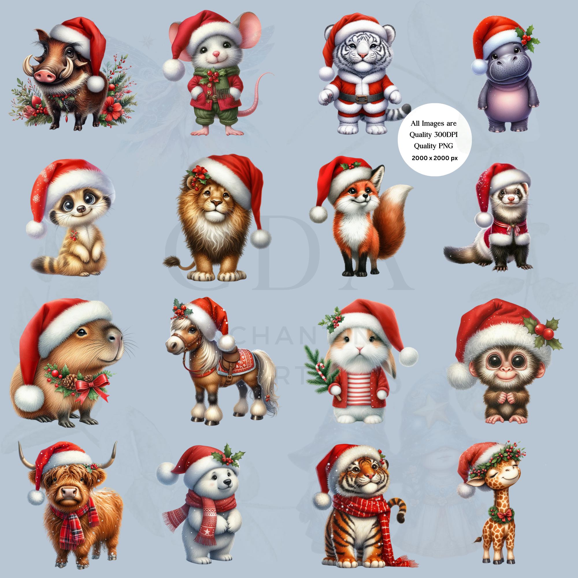 Cute Christmas Animals in Santa Hats PNG Clipart | Festive Nursery Art ...