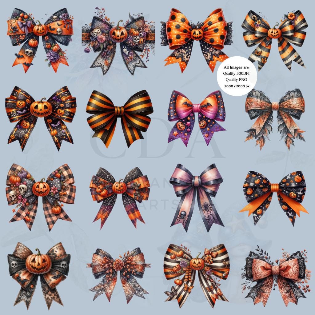 Halloween Coquette Bows Clipart PNG | Watercolour Halloween Cute Bow ...