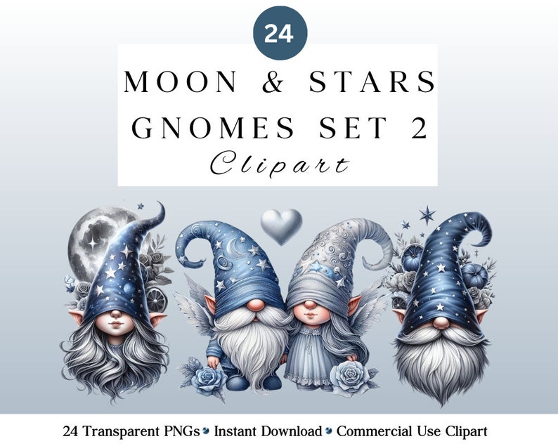 Moon and Stars Gnome Clipart PNG Set 2 | Moonlight Gnomes | Watercolour ...