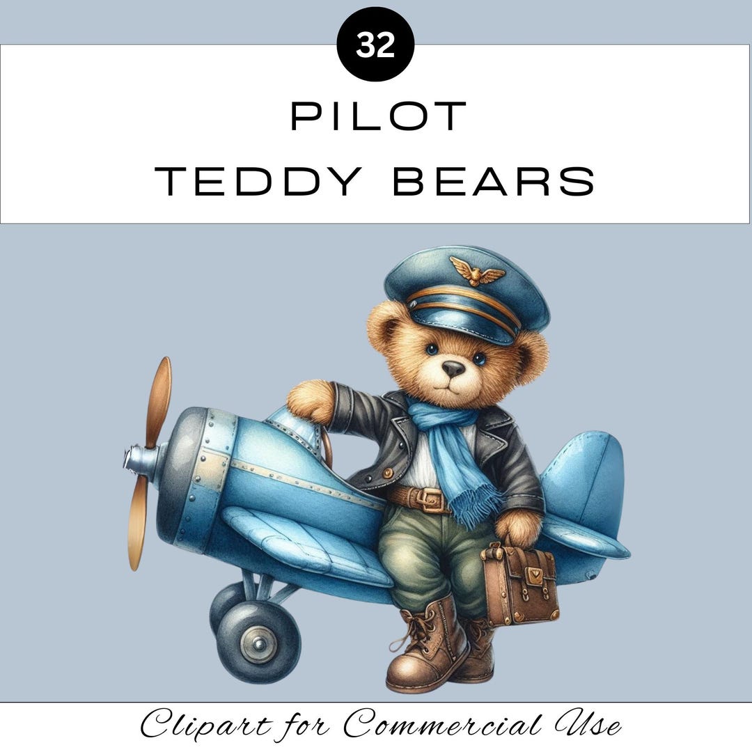 Cute Pilot Teddy Bear Clipart PNG | Quirky Funny Watercolour Little ...