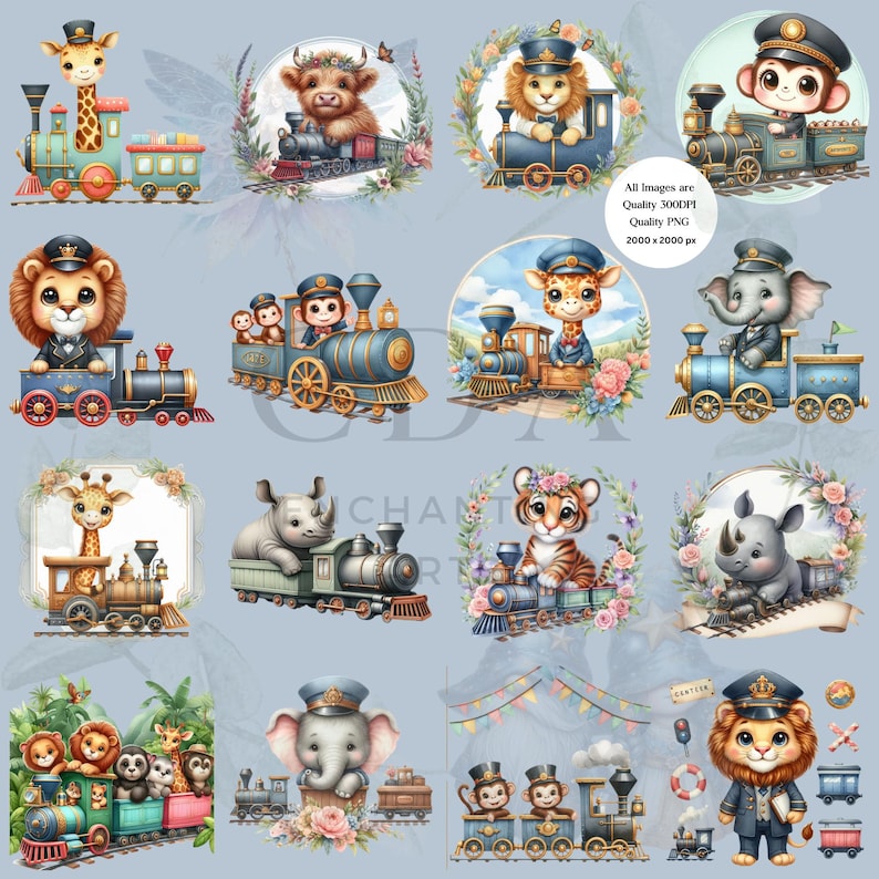 Cute Animal Train Clipart PNG | Watercolour Invitation Nursery | Junk ...