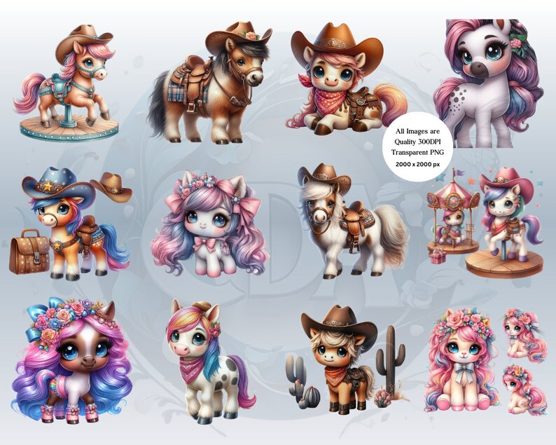 24 Cute Watercolour Pony Clipart PNG Set 2 | Kids Ponies | Western ...