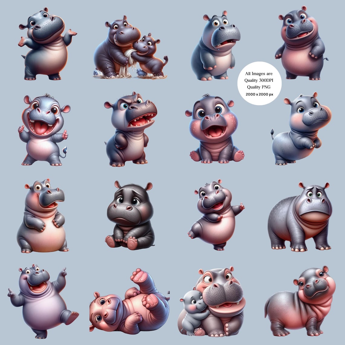 Funny Hippo PNG Clipart Bundle | Cute Quirky Crazy Animal Sublimation ...