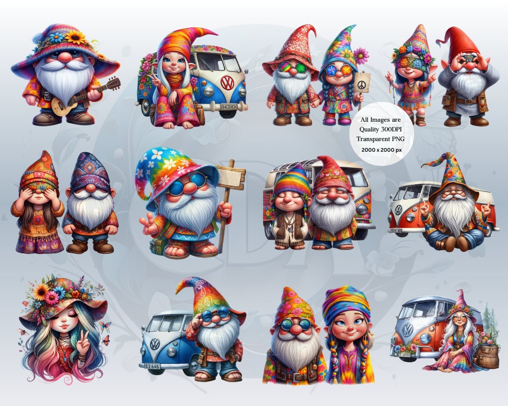 Hippie Gnome Clipart PNG Set | Watercolour 60s 70s Psychedelic Gnomes ...