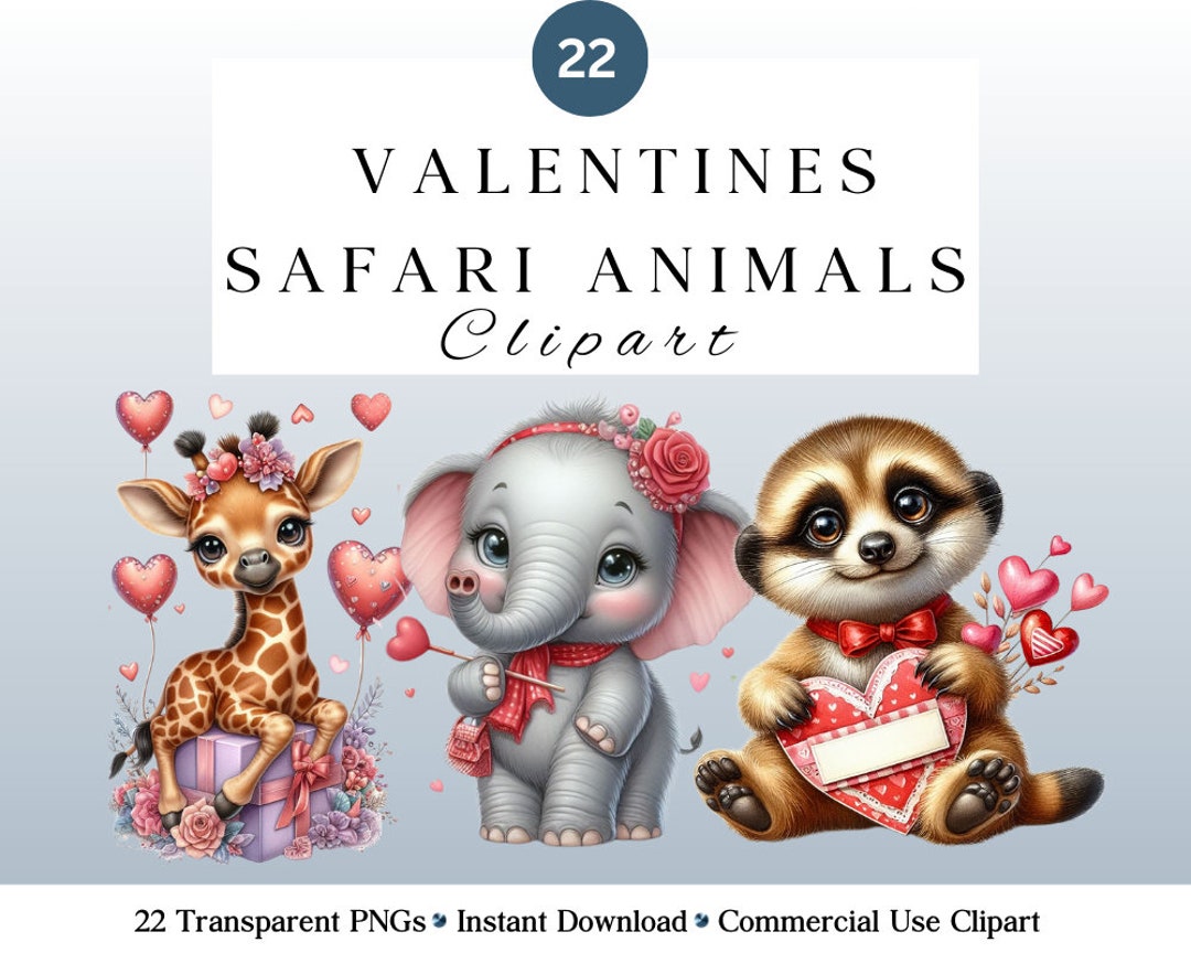 Cute Valentines Animals Clipart PNG | Watercolour Safari Animals | Set ...