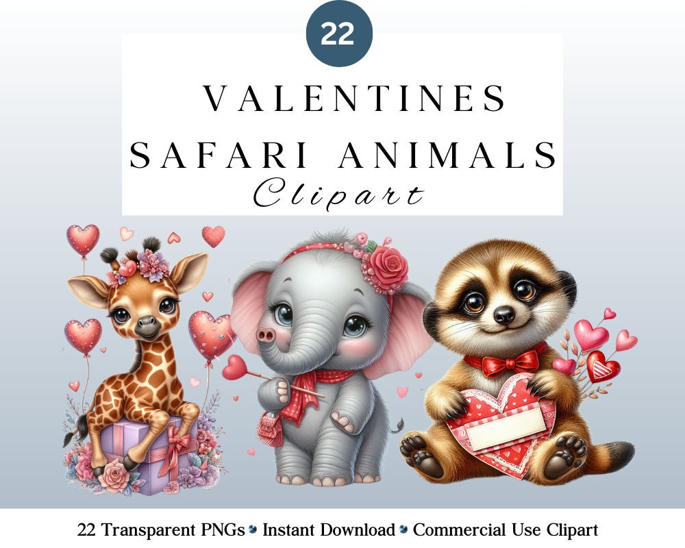 Cute Valentines Animals Clipart PNG | Watercolour Safari Animals | Set ...