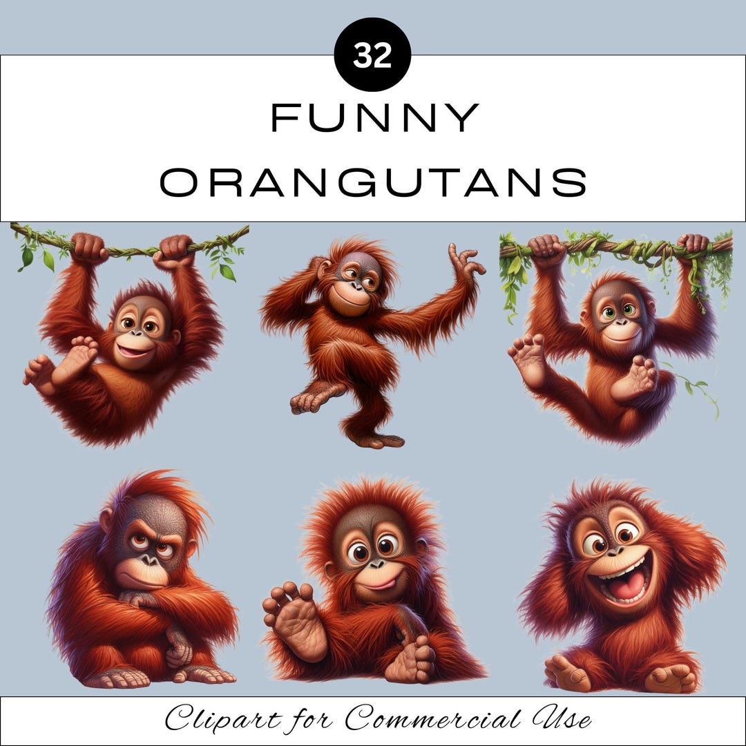 Funny Orangutan Clipart PNG Bundle | Cute Monkeys | Junk Journal ...