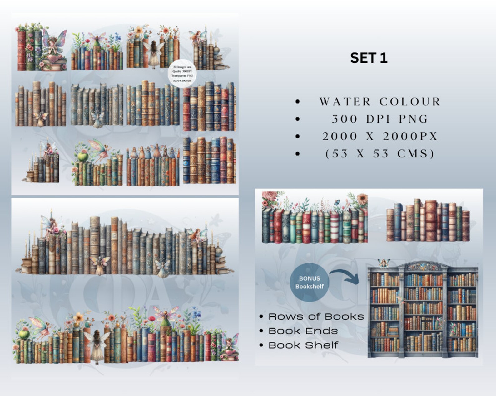 Fairy Book Border Clipart PNG Bundle | Bookshelf Watercolor Clipart ...
