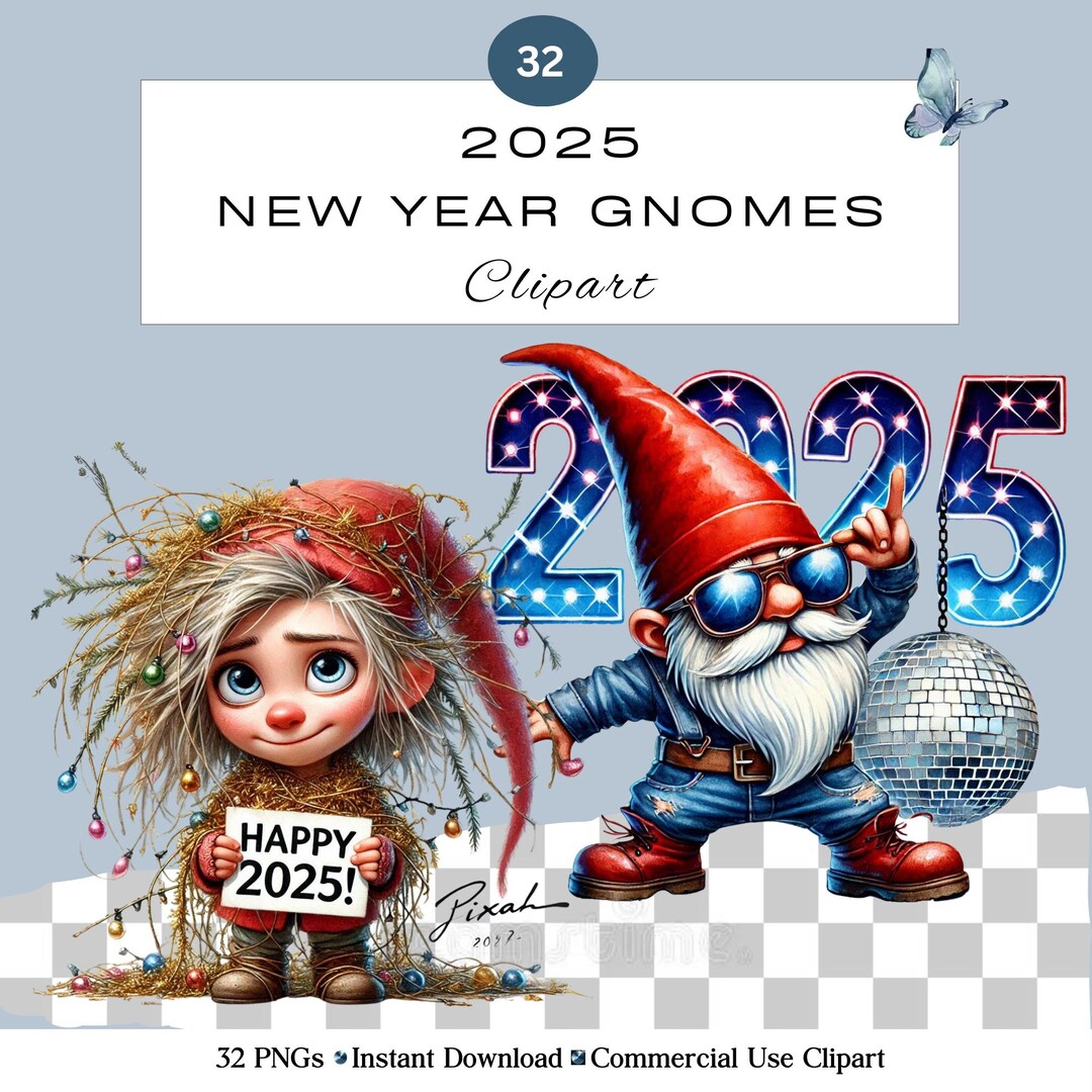 Cute 2025 New Years Eve Gnome Clipart PNG | Watercolourparty Gnomes ...
