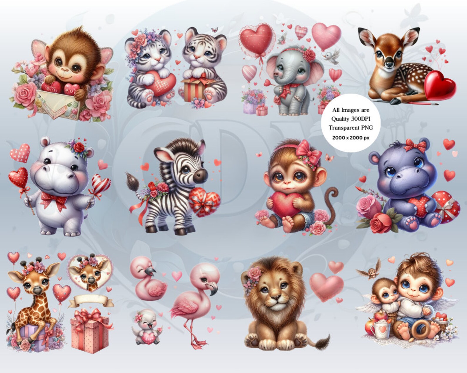 Cute Valentines Animals Clipart PNG | Watercolour Safari Animals | Set ...