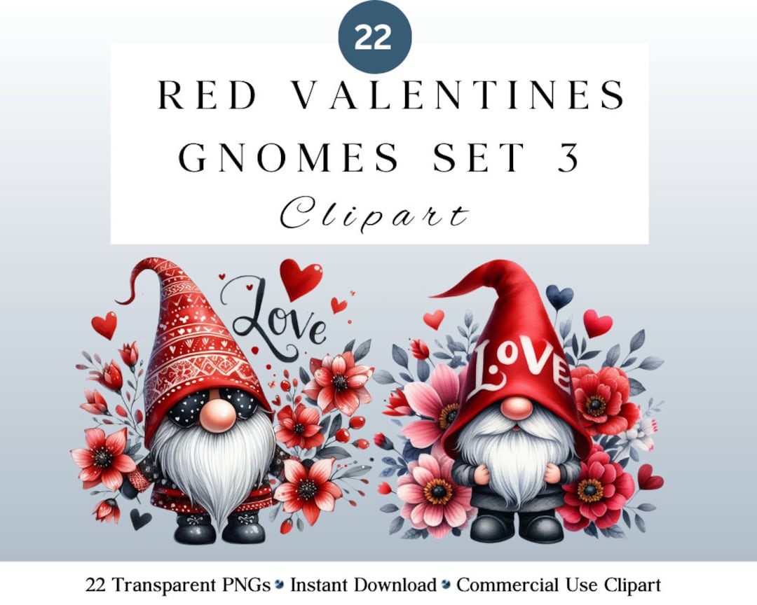 22 Cute Red Valentine Gnomes Clipart PNG Set 3 Romantic Gnomes in Love ...