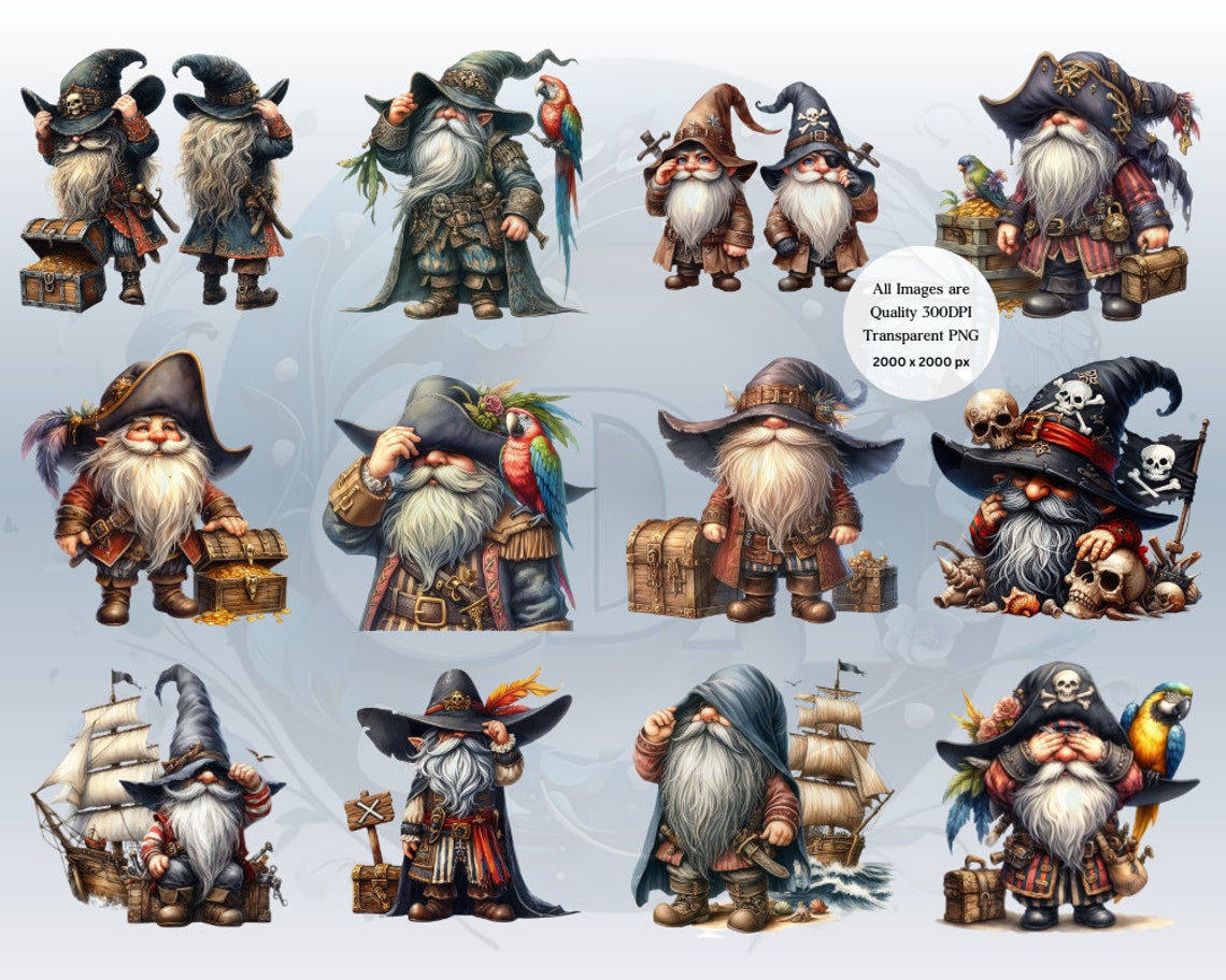 30 Cute Pirate Gnomes Clipart PNG Set 2 Watercolour Gnomes DIY and ...