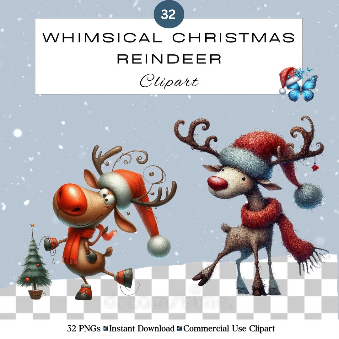 Whimsical Christmas Reindeers Clipart PNG Set Holiday Watercolour ...