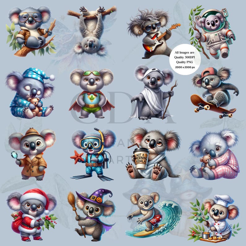Fun Koala Clipart PNG Bundle | Cute Funny Quirky Koalas | Junk Journal ...