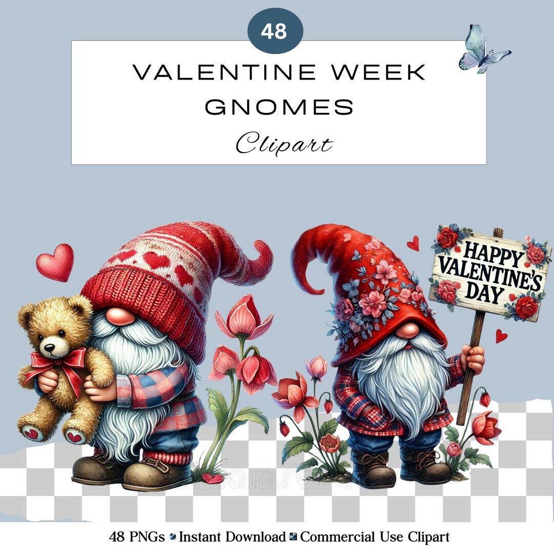 Valentine Week Gnomes Clipart PNG Bundle | 7 Days Rose Hug Kiss ...
