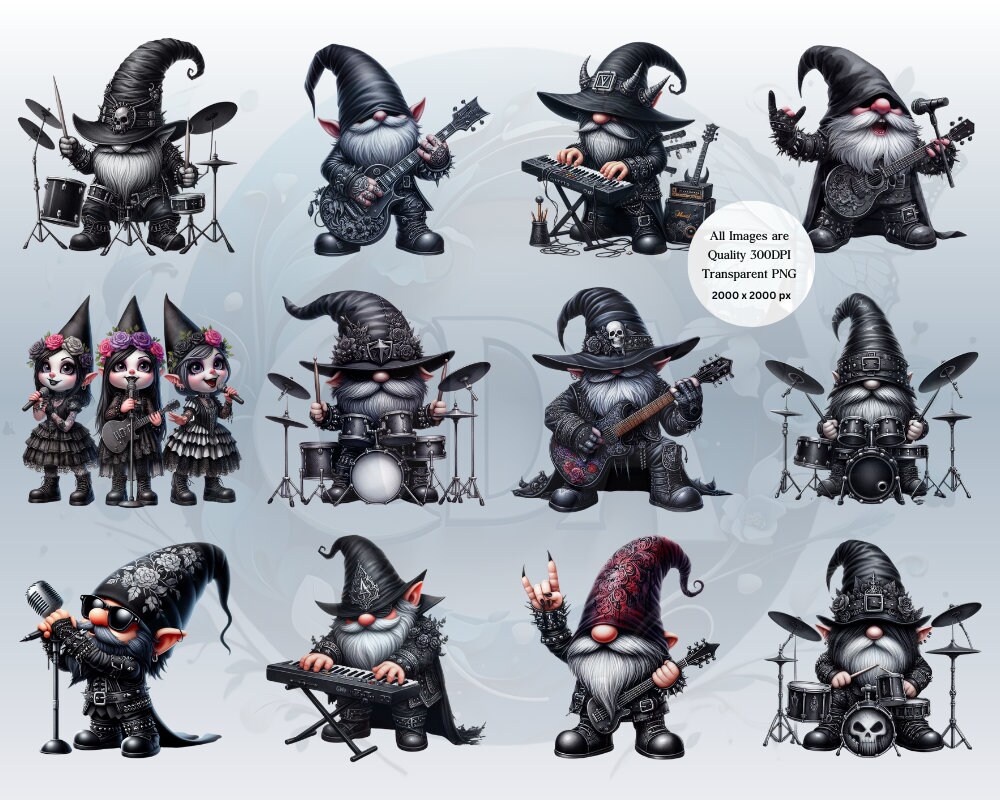 Gothic Rocker Gnomes PNG Clipart Set | Rock Band Gnome Bundle | Cute ...