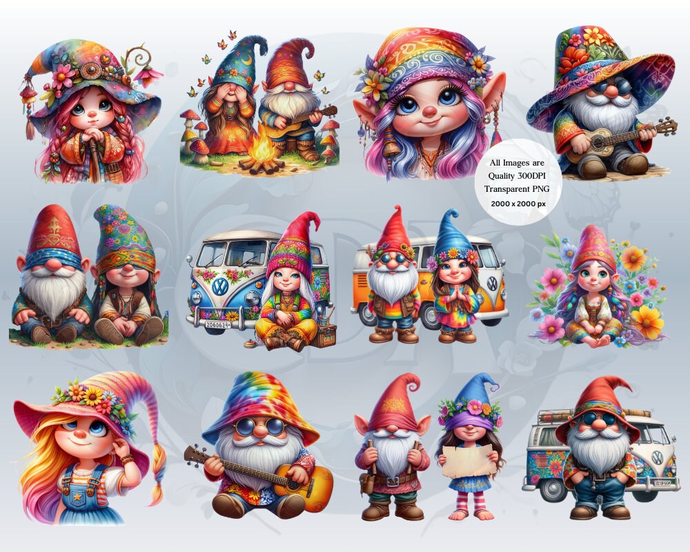 Hippie Gnome Clipart PNG Set 2 | Watercolour 60s 70s Psychedelic Gnomes ...