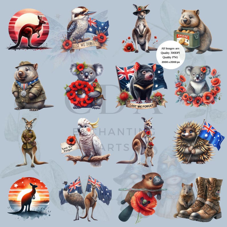 Anzac Australian Animals 2 PNG Clipart Set | Cute Watercolour Aussie ...