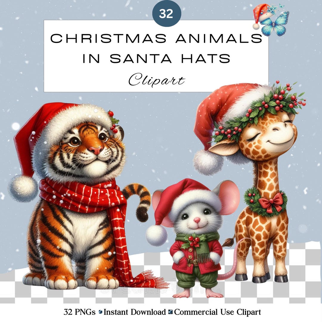 Cute Christmas Animals in Santa Hats PNG Clipart | Festive Nursery Art ...