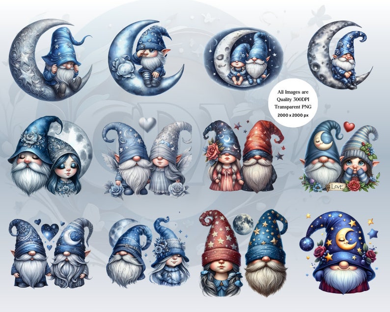 Moon and Stars Gnome Clipart PNG Set 2 | Moonlight Gnomes | Watercolour ...
