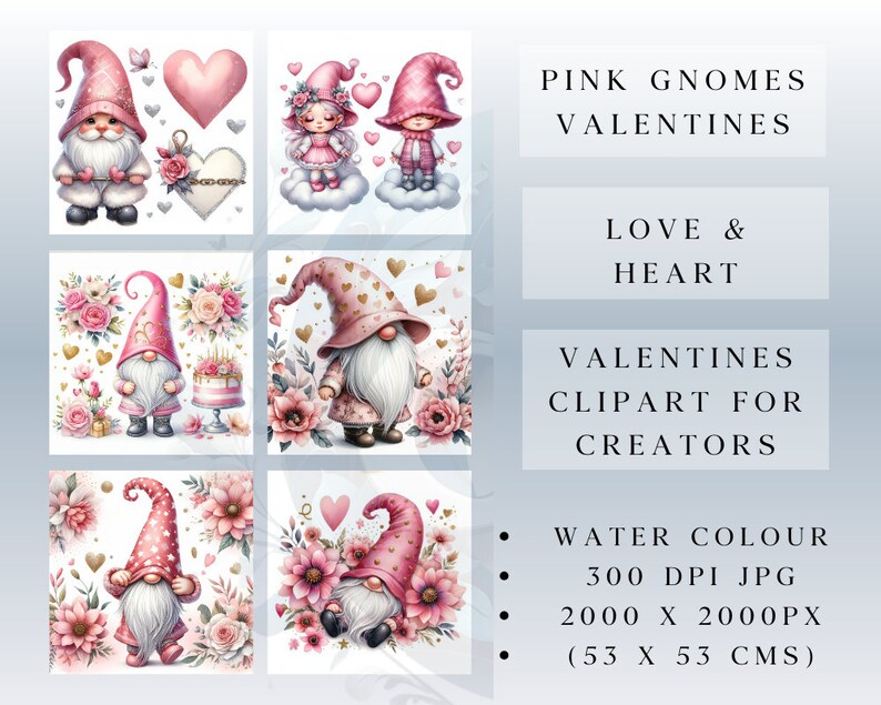 30 Pink Valentine Gnomes Clipart JPG | Romantic Gnomes | Watercolour ...