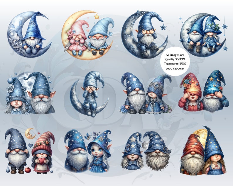 Moon and Stars Gnome Clipart PNG | Moonlight Gnomes | Watercolour ...